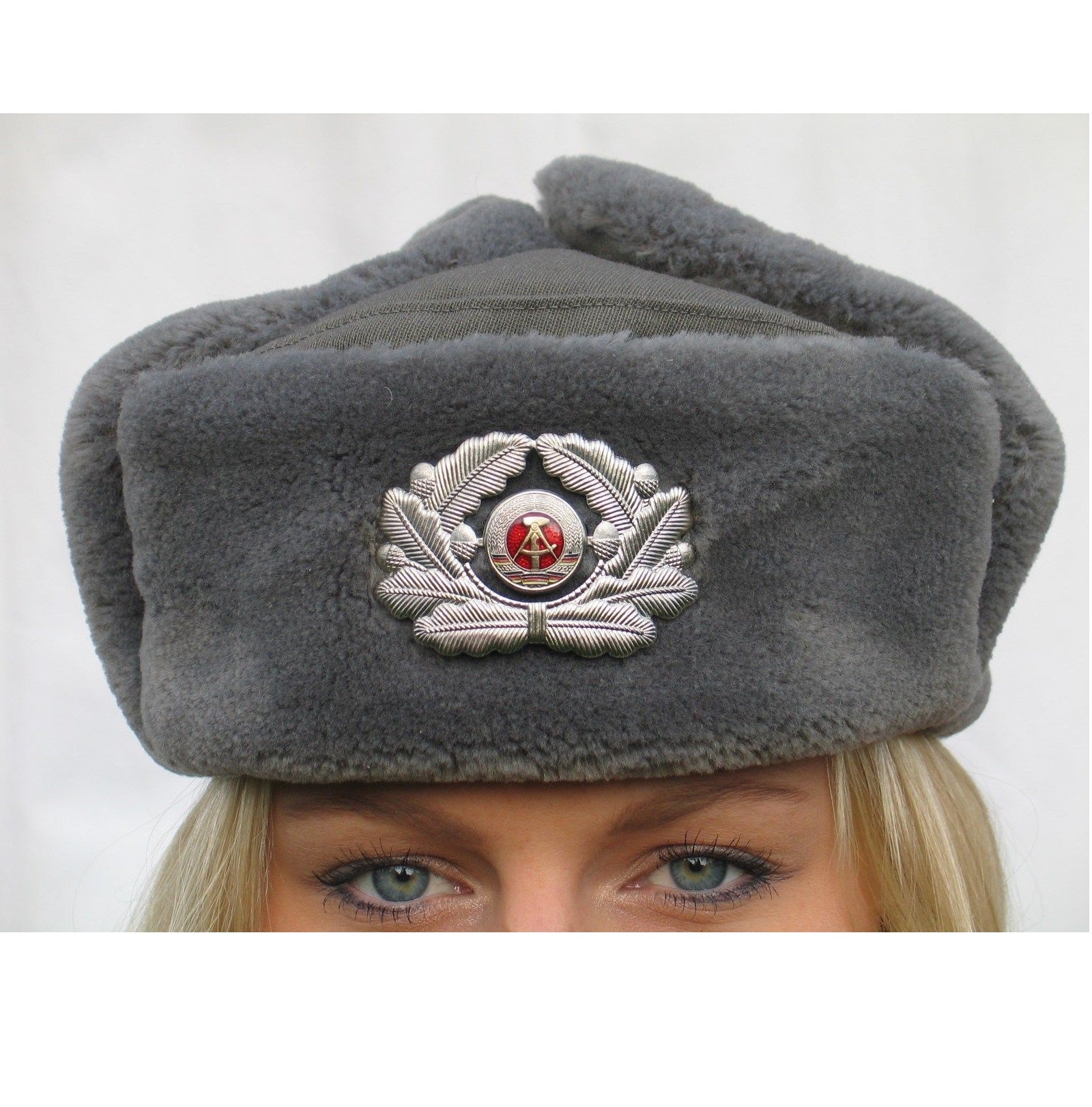 New Vintage East German army grey fur lined winter hat cap military Co ...